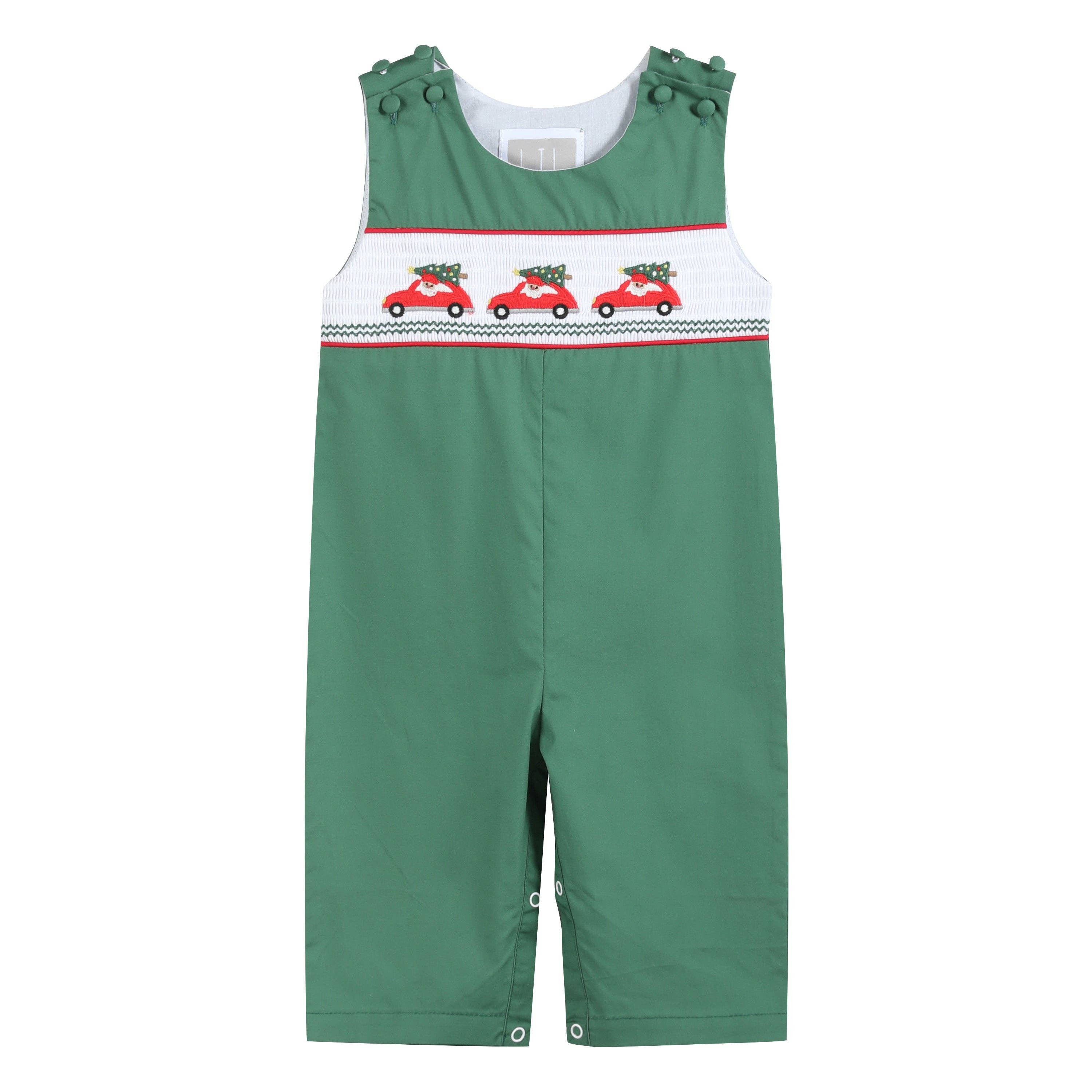 Green Santa Car Christmas Smocked Overalls – Dirt & Daisies